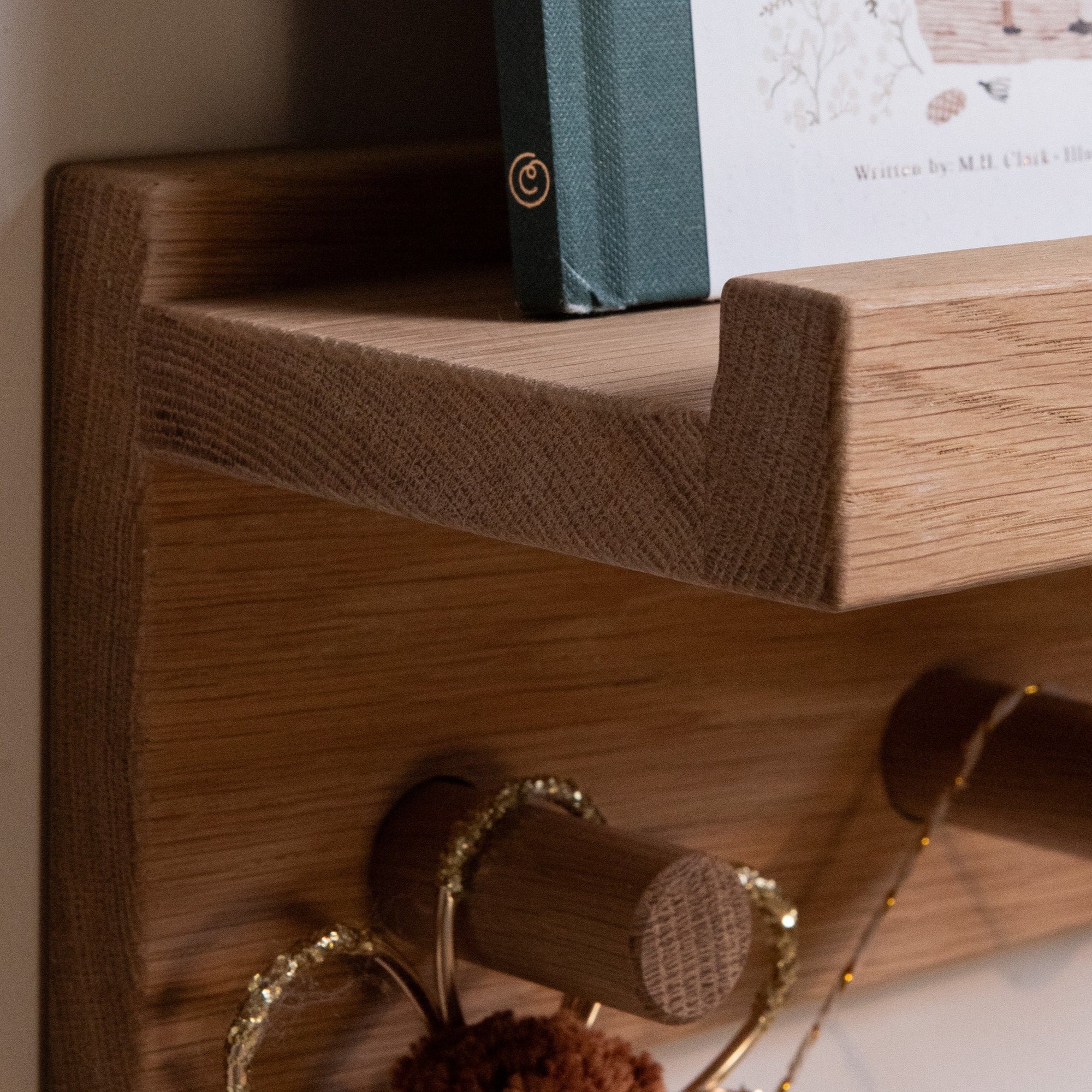 Signature Wall Mounted Shelf With Pegs (Solid Oak) - Nestie